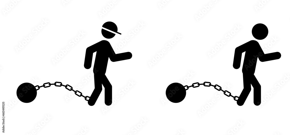 Cartoon deadline or slave iron. Stickman, people walks with a weight ...