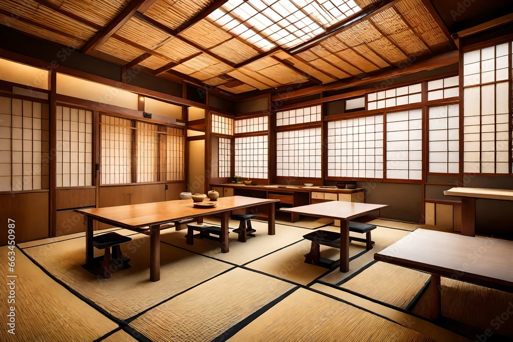 : Japanese teahouse kitchen with traditional tatami flooring, low ...