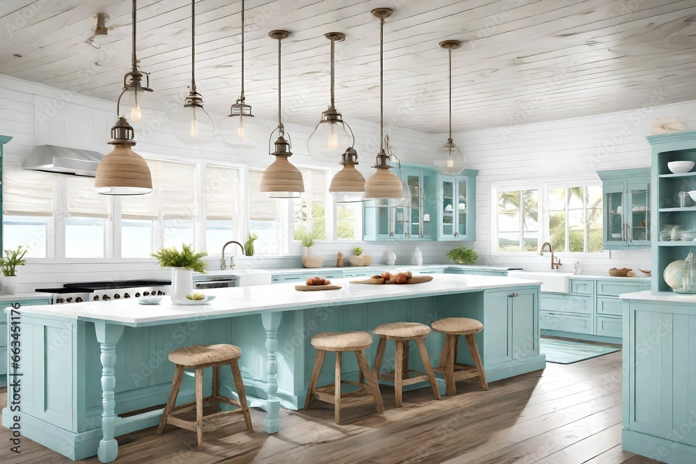 : Coastal kitchen with a beachy color palette, glass pendant lights ...