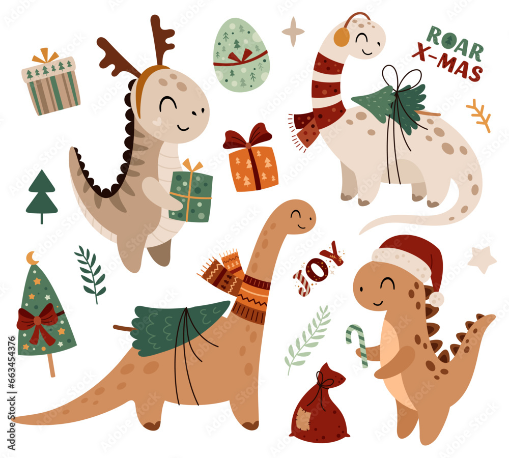 Dinosaur Christmas clipart in cartoon flat style. Merry Christmas ...
