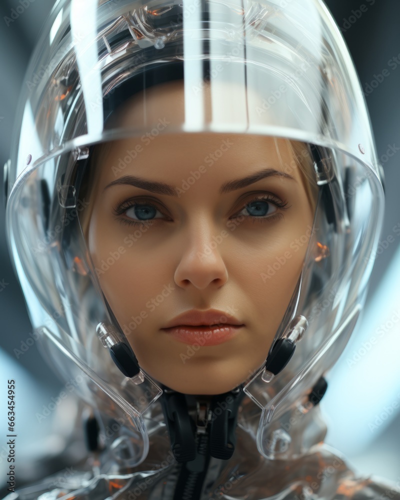 A young woman wearing a clear helmet stands boldly, her clothing a reflection of her fierce ...