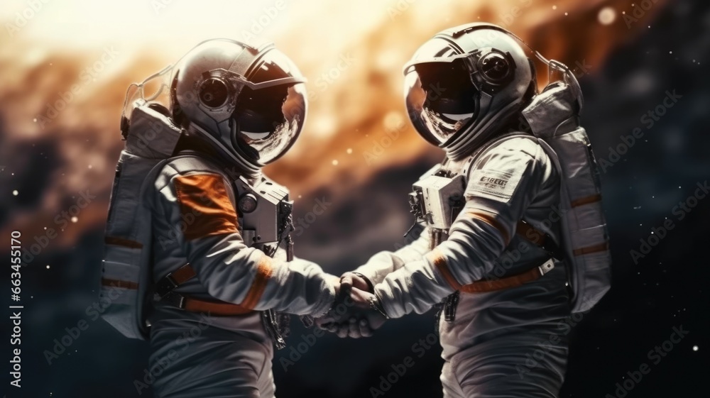 Astronaut couple holding each other's hands on space sky background ...