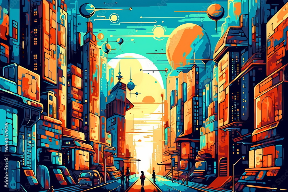 Retro futuristic city background. 80s sci-fi synthwave cityscape Stock Illustration | Adobe Stock