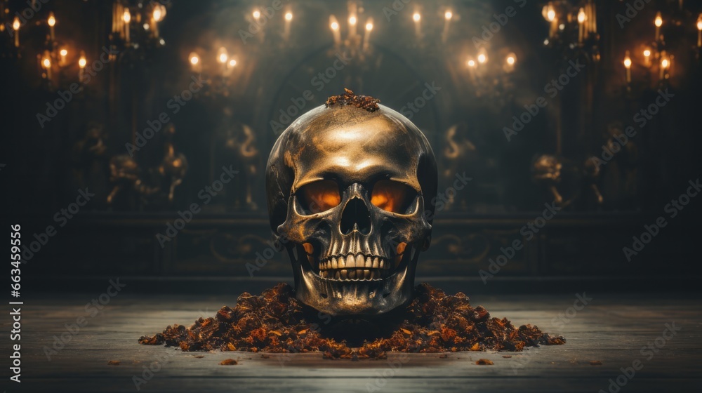 In the midst of a dark and eerie night, a solitary skull rests atop a ...