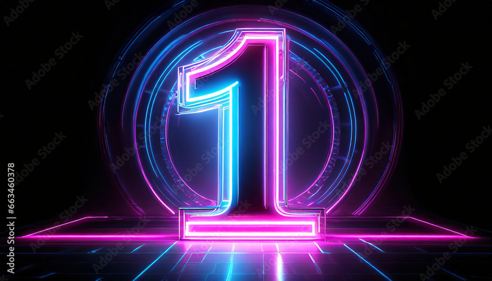 d render, number one glowing in the dark, pink blue neon light Stock ...