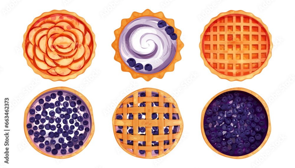 Set Homemde pie, tart top view whole round bakery, dessert in cartoon ...