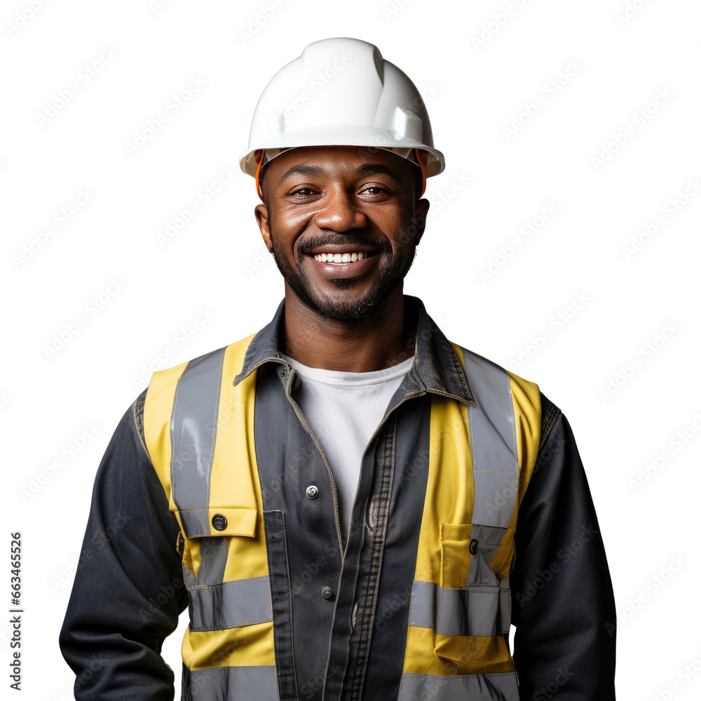Black male engineer standing up, body view, smiling Stock Photo | Adobe ...