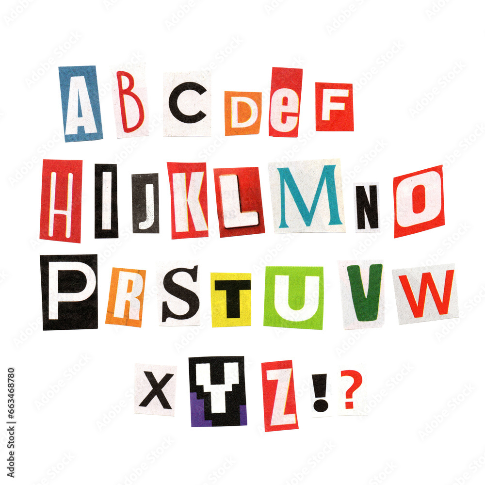 Alphabet collage. Newspaper letters. Colorful cut out ransom letters ...