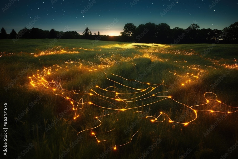 Light painting techniques capturing the movement of fireflies over a ...