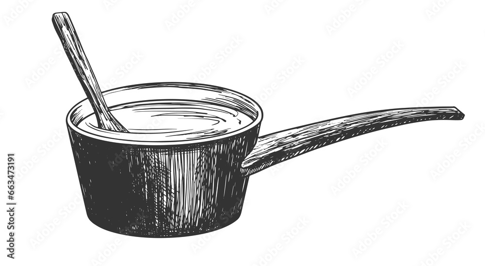 Engraving style saucepan with spoon inside on white background. Sketch ...