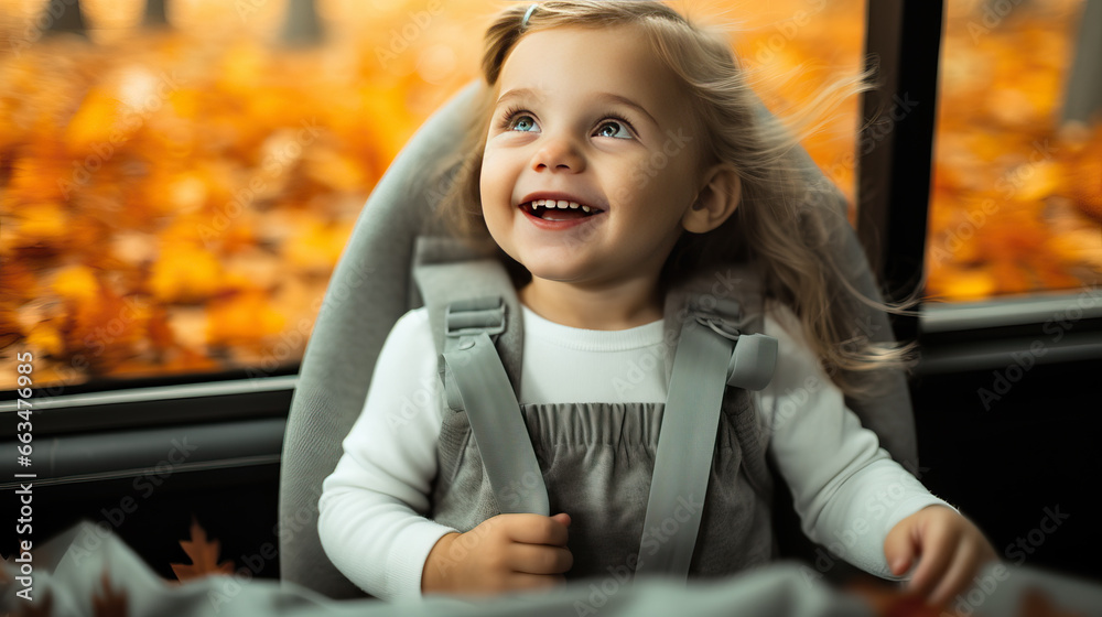 Cute little girl sitting in a car in a safety seat created with ...