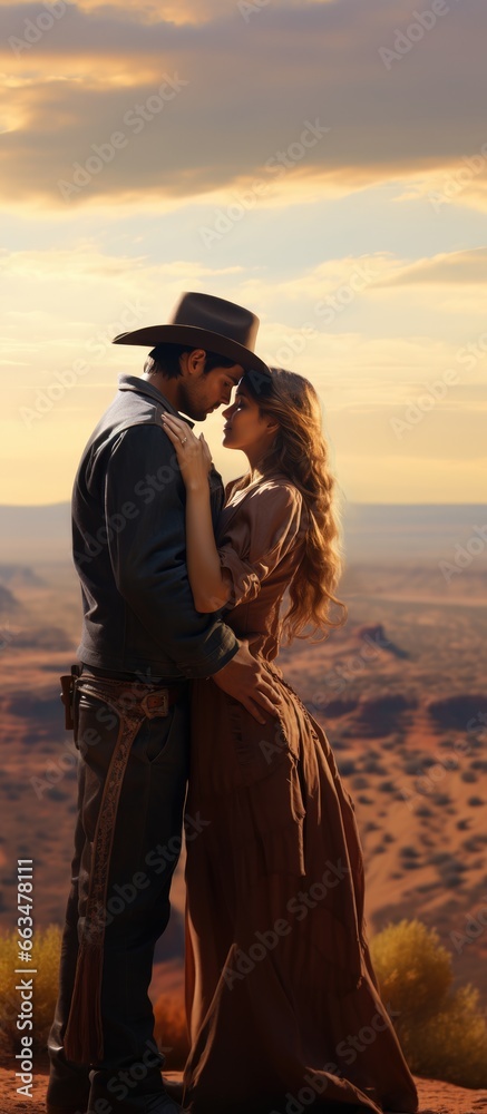 full view o a western couple embracing in love. handsome cowboy wearing a hat. pretty woman with ...
