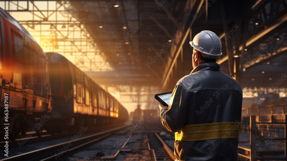 A railway engineer, in full safety attire and helmet, monitors the ...