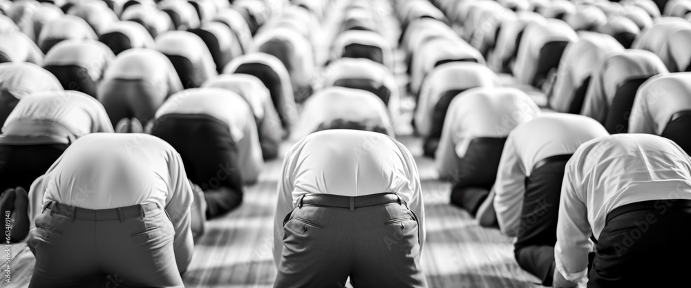 Muslim, prayer and mosque with a spiritual group of men praying ...