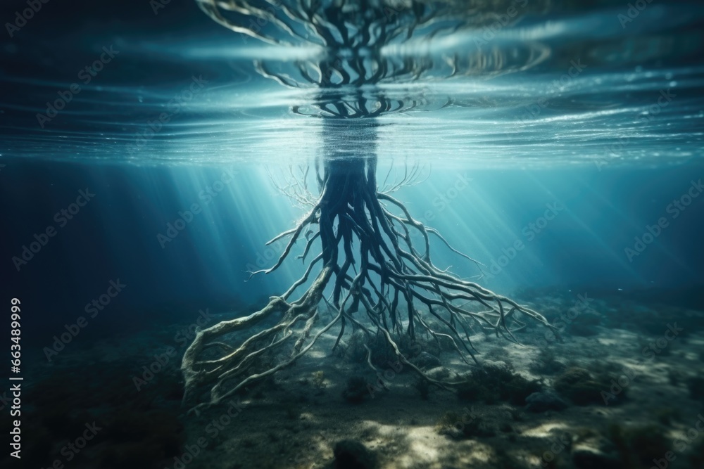 A picture of a tree that is growing out of the water. Suitable for ...