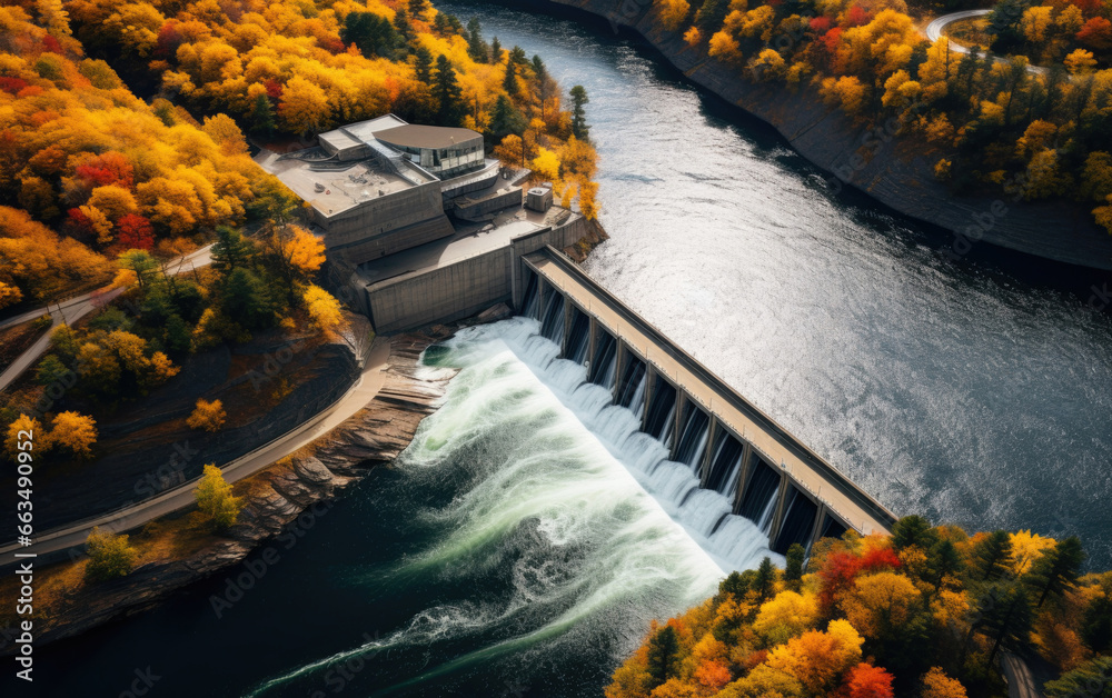 Aerial view of a hydroelectric power plan with water flowing through ...