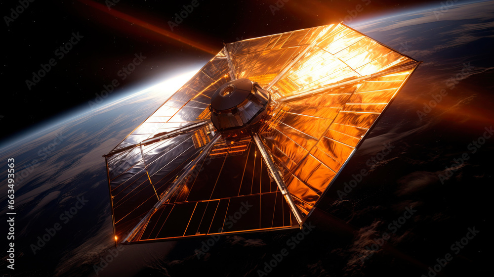 Space view of an innovative solar sailing propulsion spaceship or ...