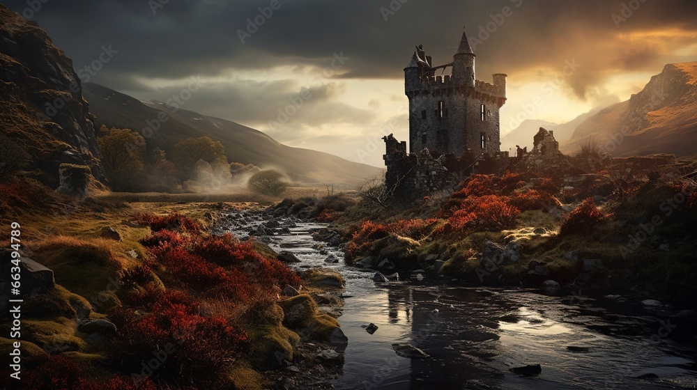 Decaying castle in the Scottish landscape, a beautiful scene of the old ...