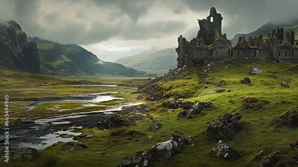 Decaying castle in the Scottish landscape, a beautiful scene of the old ...