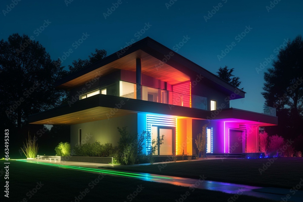 House illuminated with neon lights, displaying energy certification ...
