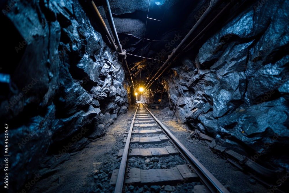 Underground mine, mining, rail track trolleys laid through tunnel Stock ...