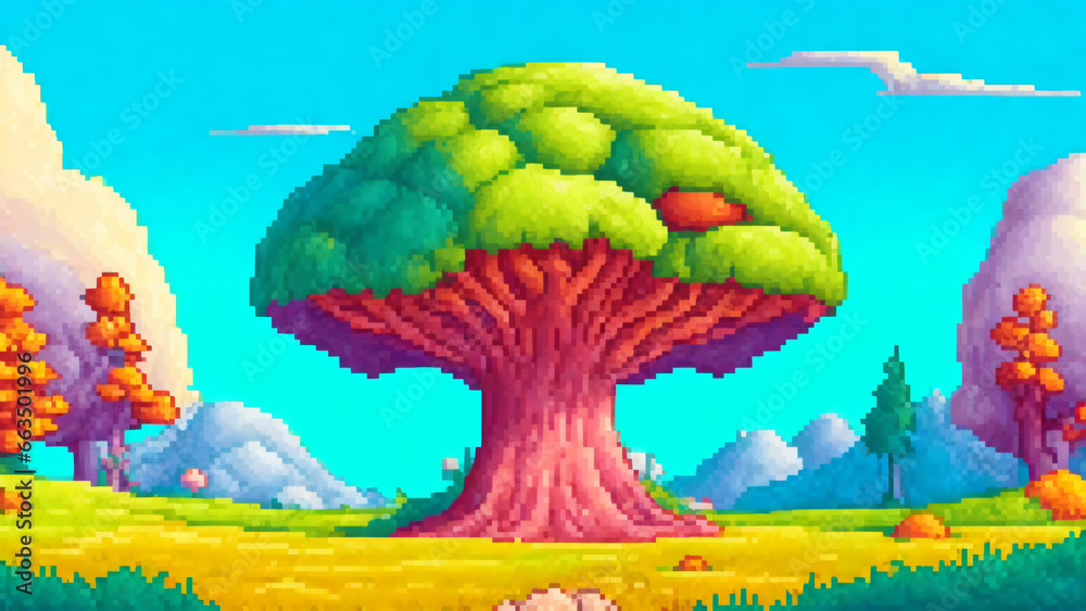 Landscape of a large tree with light colors, pixel art 32-bit, maximum ...