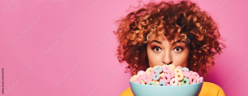 Funny young woman with red curly hair peeping from behind a bowl with ...