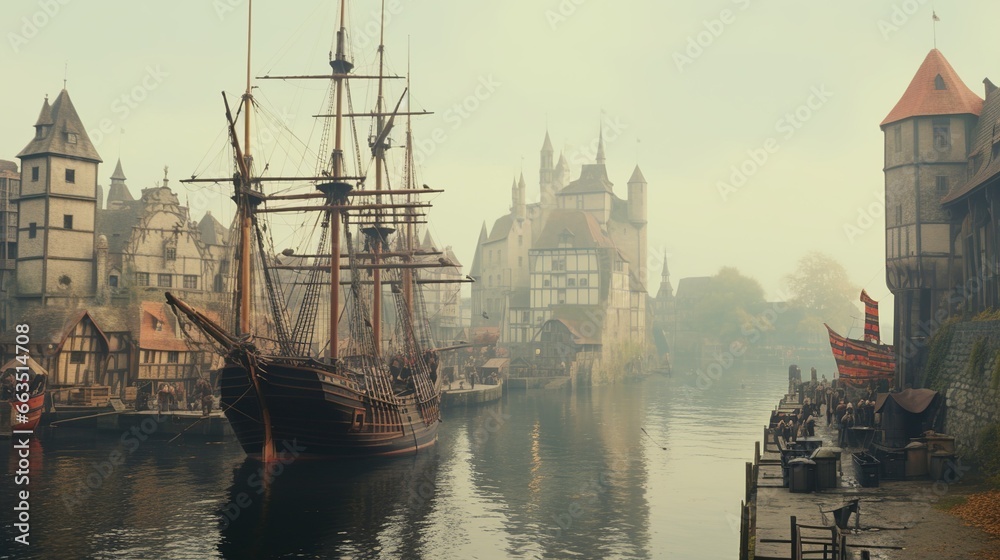 Ships in a medieval harbour on the river delta Stock Illustration ...