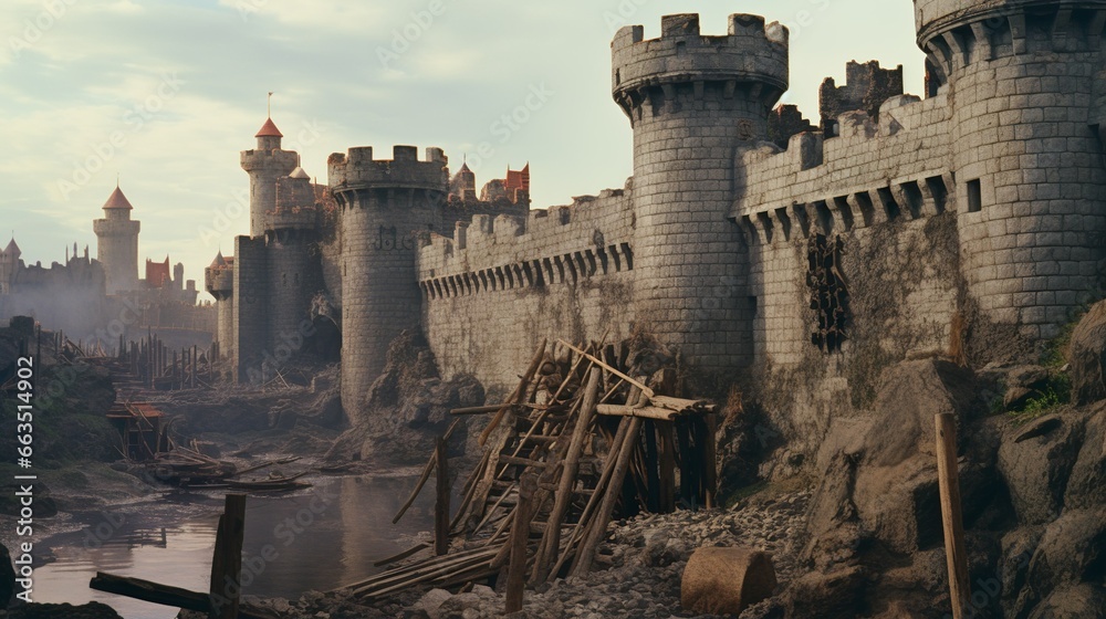 Medieval castle under siege by catapults and ladders and battering rams ...