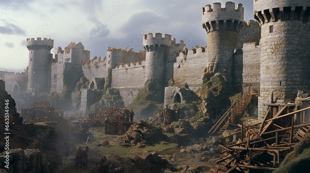 Medieval castle under siege by catapults and ladders and battering rams ...