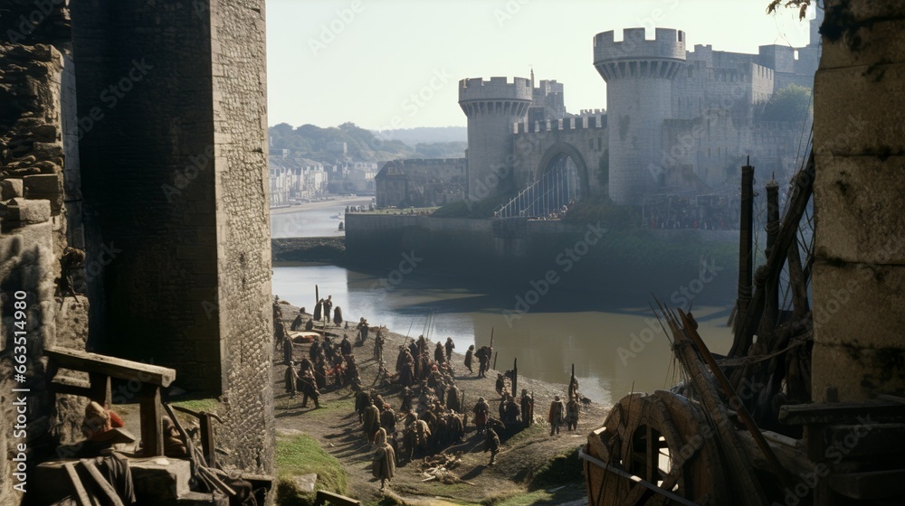 Medieval castle under siege by catapults and ladders and battering rams ...