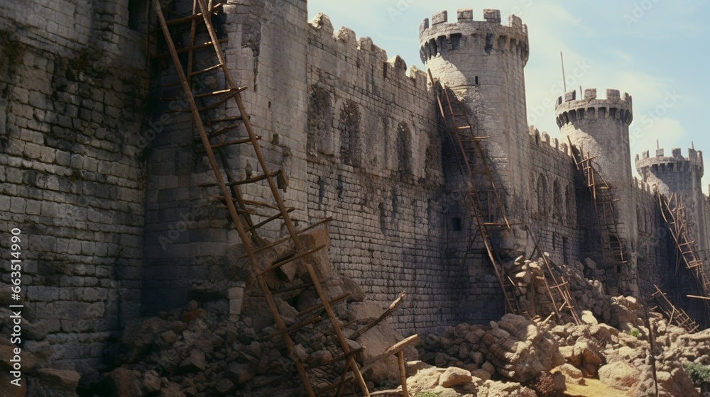 Soldiers of a medieval army climbing the walls on ladders of a huge ...
