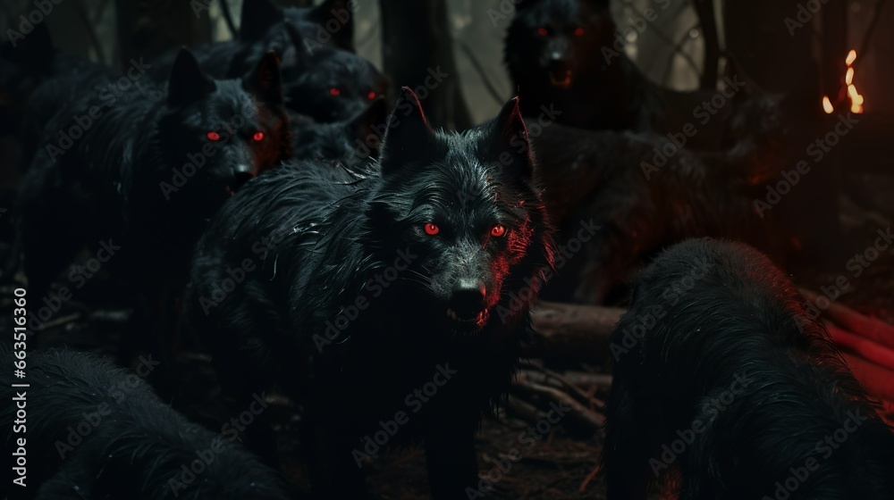 Black wolves pack in a dark fantasy forest with glowing red eyes Stock ...