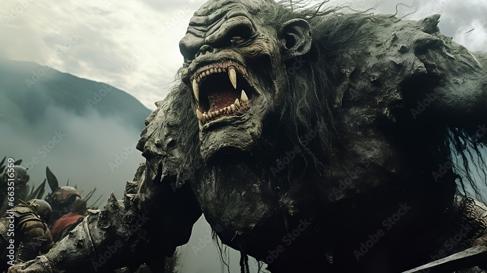 Giant troll in medieval fantasy battle scenery with foot soldiers ...