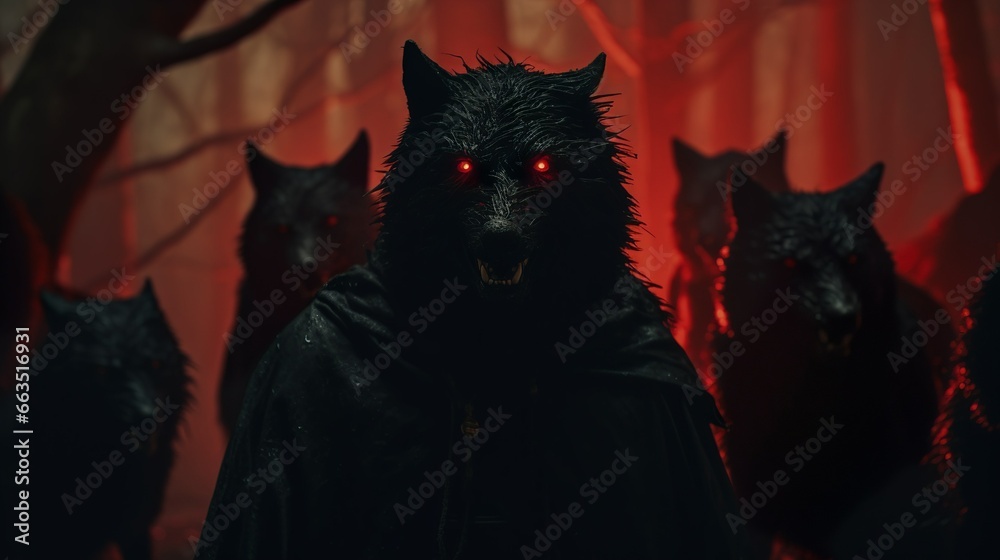 Dark anthropomorph black wolf warriors army in a fantasy forest with ...