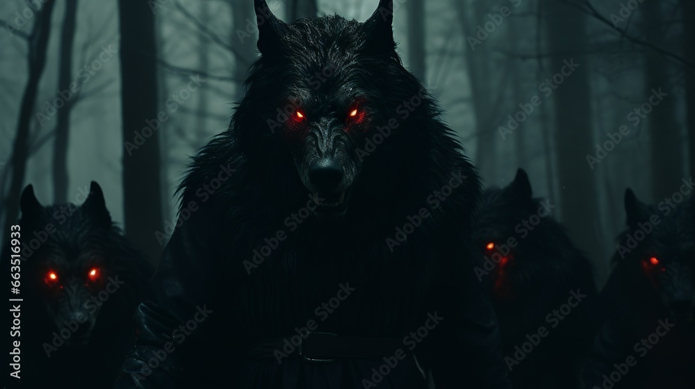 Dark anthropomorph black wolf warriors army in a fantasy forest with ...