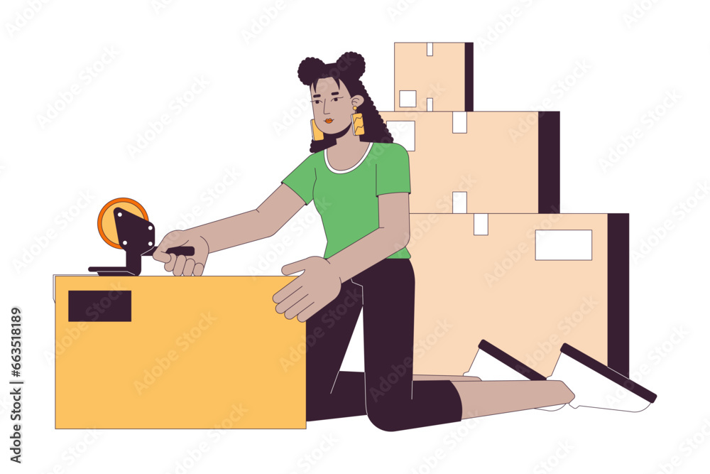 Hispanic girl packing moving boxes line cartoon flat illustration ...
