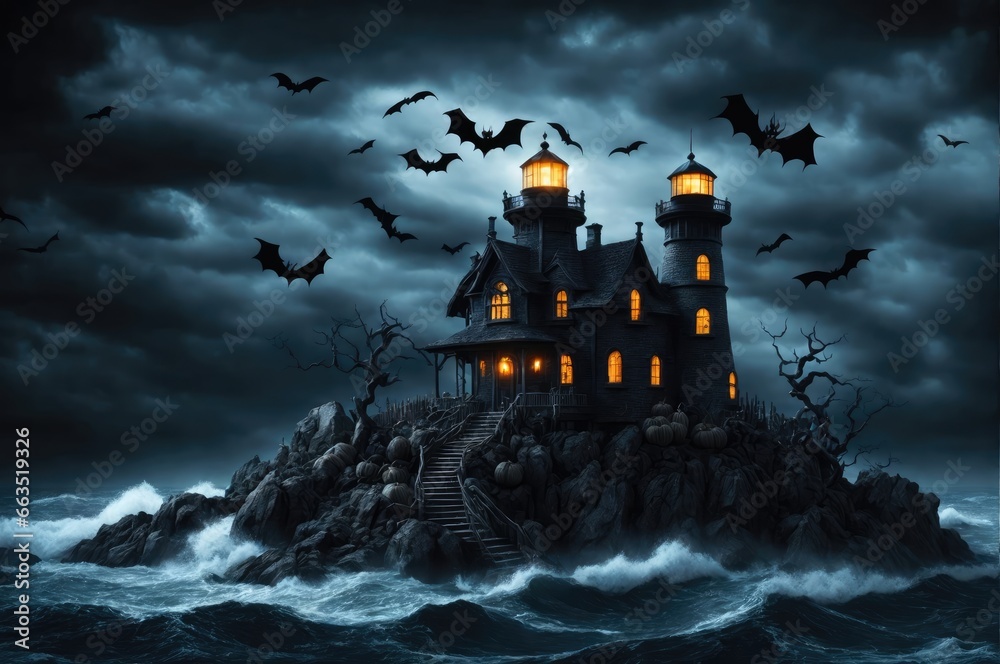 Halloween Backdrop Haunted Lighthouse, HALLOWEEN DIGITAL BACKDROP, bat ...