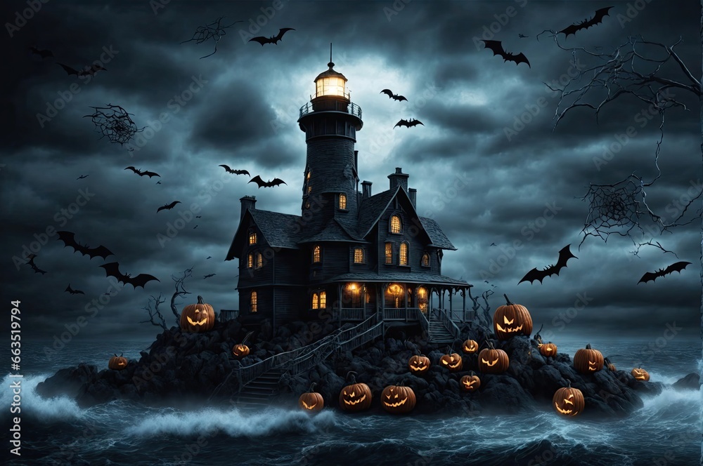 Halloween Backdrop Haunted Lighthouse, HALLOWEEN DIGITAL BACKDROP, bat ...