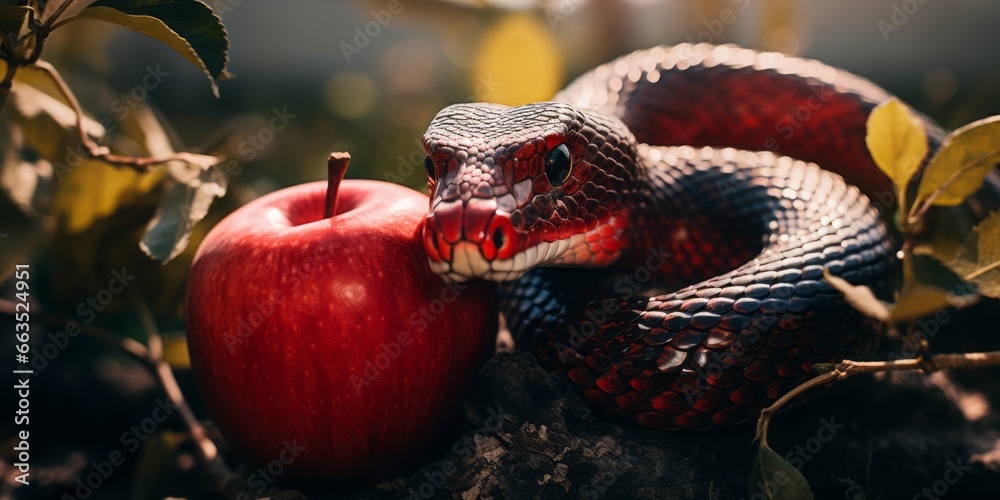 Eden Sentinel: A Black Snake Guards a Red Apple, Evoking the Mythical ...
