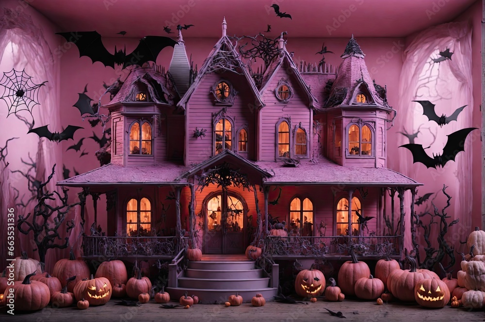 Halloween Backdrop Pink Haunted House party decor kids digital ...