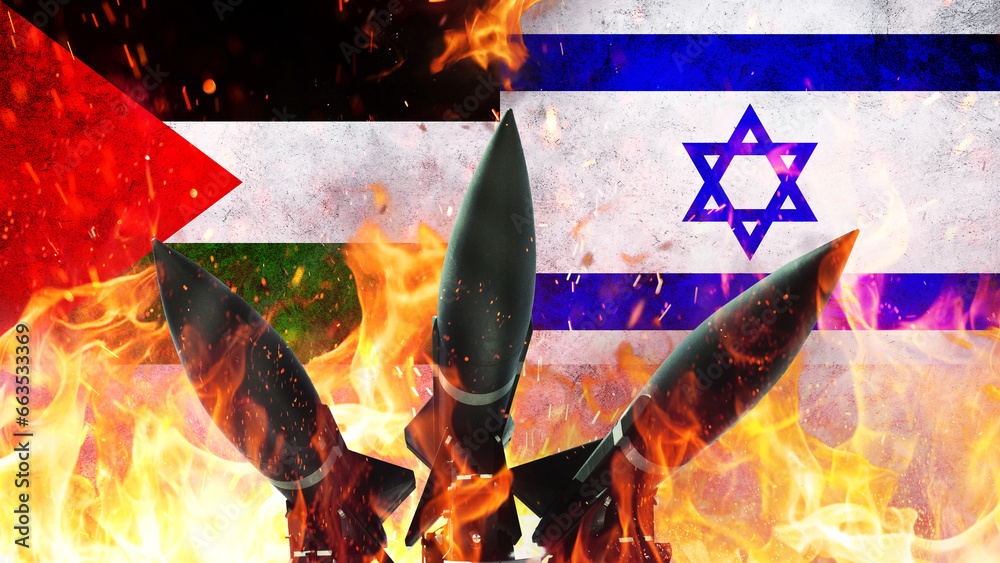 Three missiles weapons rockets with fire, concept. War in Israel and ...