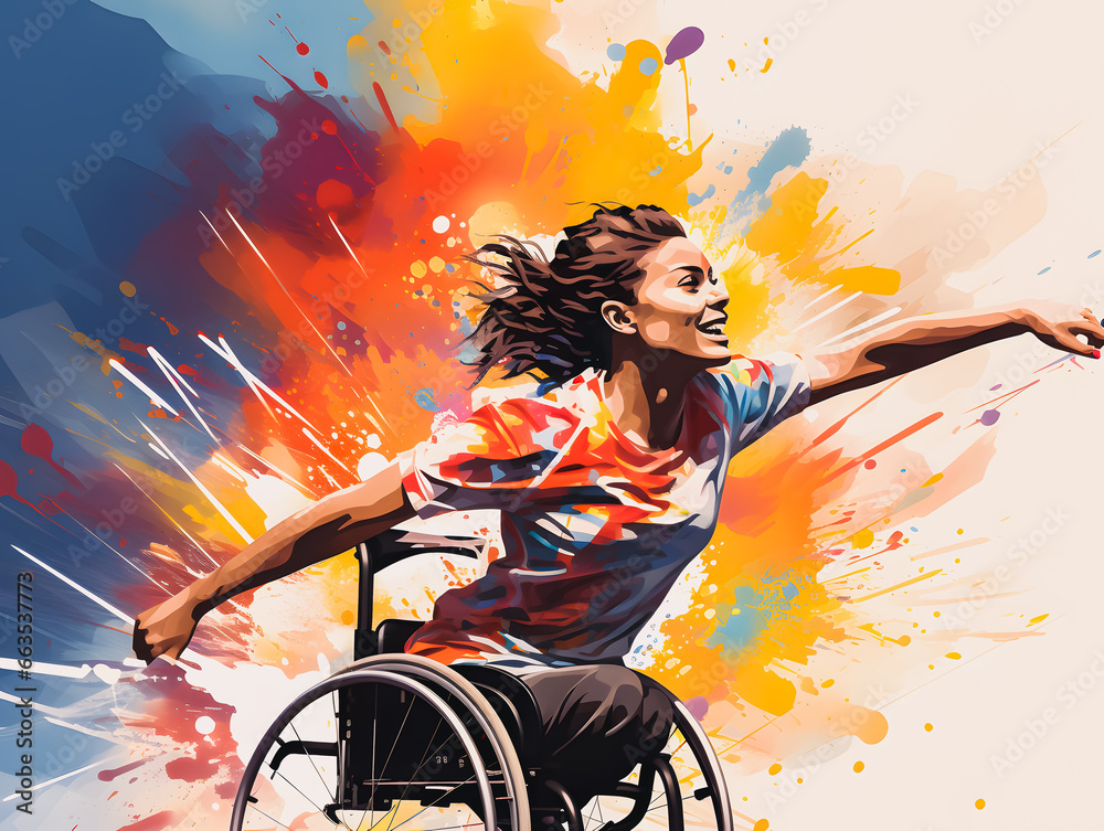 Silhouette of a disabled woman in a wheelchair practicing sports ...