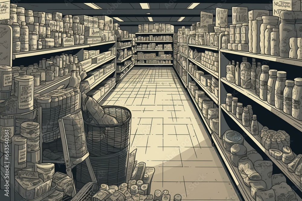 An illustration depicting a messy supermarket aisle with shelves devoid ...