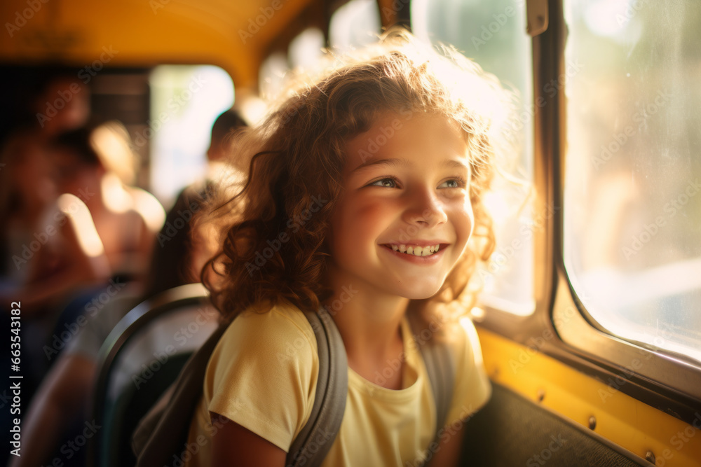 School Bus: smiling Cute Girl Getting On school Bus, Excited young girl ...
