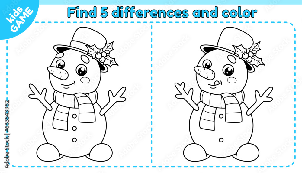 Kids game Find 5 differences with cartoon snowman in scarf and hat with ...