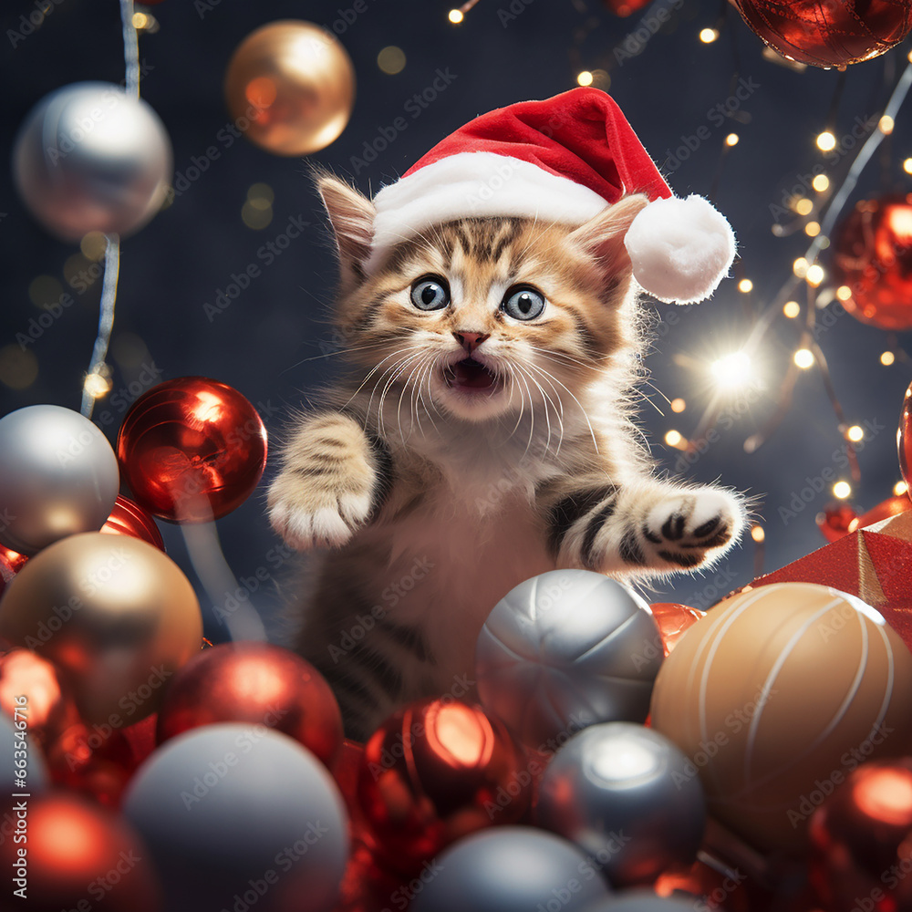cute little cat in santa hat jumping out of a pile of christmas baubles ...