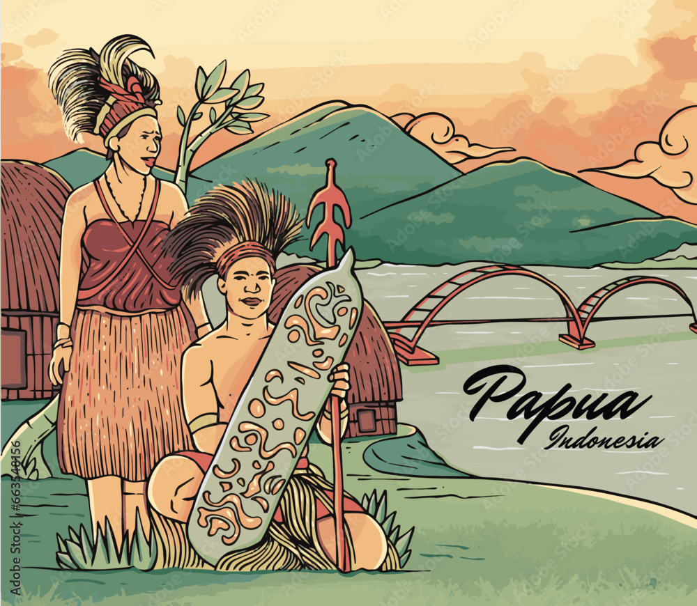 Asmat culture from Papua, Indonesia. Background of natural scenery and ...