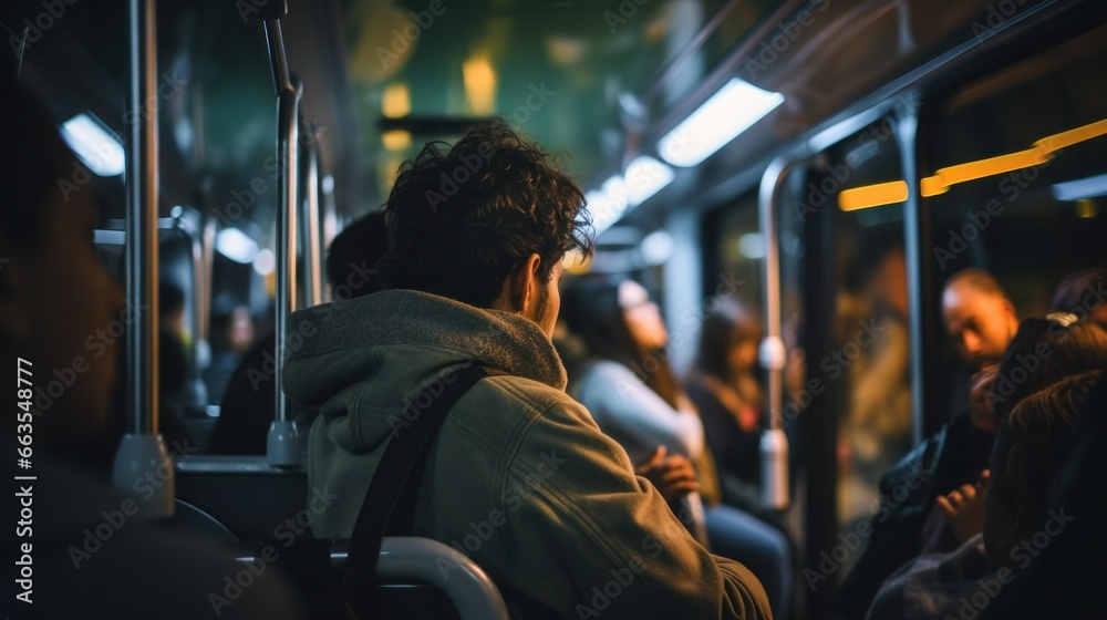 Inside a metrobus at night, people using public transportation Stock ...