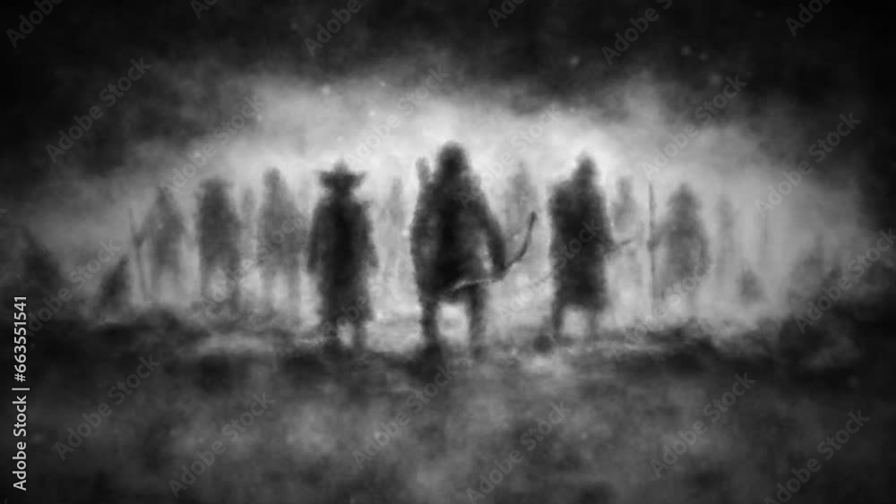 Dark figures of hunters in fog 2D animation. Horror fantasy genre ...